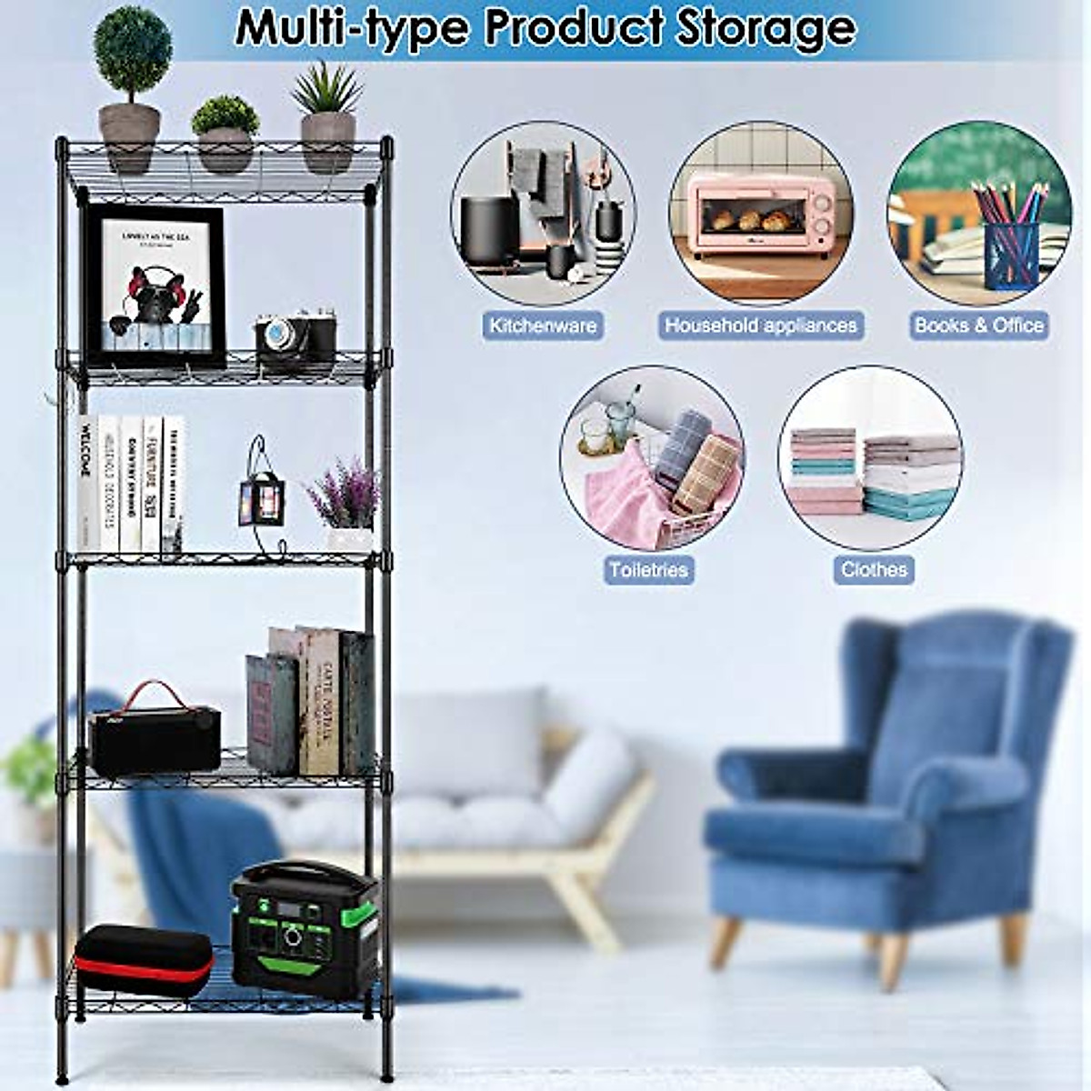 AMZOOM 5-Tier Steel Wire Shelving Unit, Adjustable Metal Shelves, Stainless Steel Storage Rack with Hooks and Leveling Feet, Suitable for Living Room Bathroom Garage Kitchen Pantry (Black)