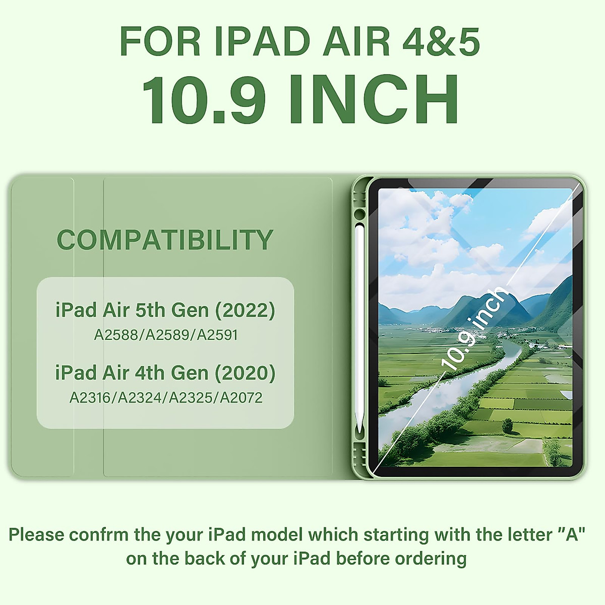 Aoub Case for iPad Air 6th 11-inch M2 2024, iPad Air 5th/4th Generation 10.9 inch 2022/2020, Stand Folio Detachable Wireless Bluetooth Keyboard Cover Soft TPU Back Case with Pencil Holder, Light Green