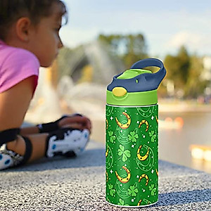 xigua Saint Patrick's Day Kids Water Bottle Double Walled Stainless Steel with Plastic Straw Wide Handle BPA-Free Leakproof Duck Mouth for Toddlers,Girls,Boys,12 oz