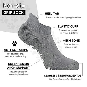 KitNSox Men's Cotton Ankle Cushioned Slip Resistant Socks, Unisex Non Slip Grip Socks for Yoga, Bikram, Hospital, Pilates, Barre, Kickboxing (L-XL, 2 Pack, Light Grey)