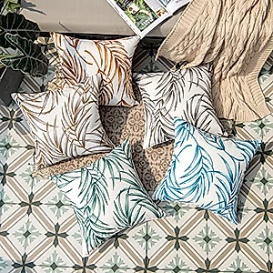 EMEMA Outdoor Waterproof Throw Pillow Covers Decorative Patio Pillow Cases Natural Leaves Tropical Spring Summer Square Cushion Shams Shell Garden Balcony Sunbrella Couch Pack of 2, 18x18 Inch Blue