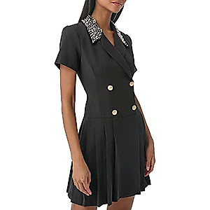 Karl Lagerfeld Paris Women's Pleated Buttons Pearl Dress, Black, 4