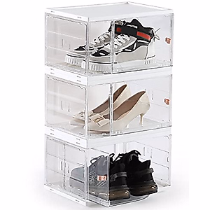 3 Pack Shoe Box Clear Plastic Stackable, Drop Side Sneaker Storage Box Revolving for Sneakerhead, Transparent Acrylic Shoe Display Case for Size 13 White