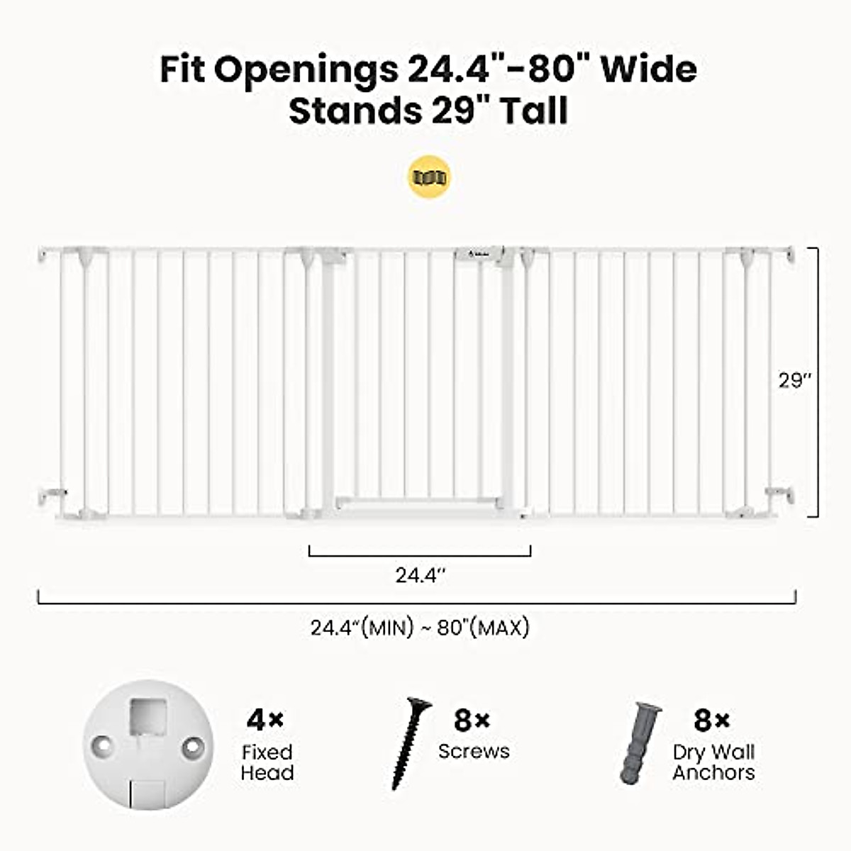 Tokkidas 24.4”-80” Auto Close Baby Gate, Extra Wide Dog Gate with One Hand Operation, Hardware Mount, Foldable 3 Steel Panels Angle, Deluxe Walk Thru Pet Gate for Stairs, Doorways, Kitchen, 29” Height