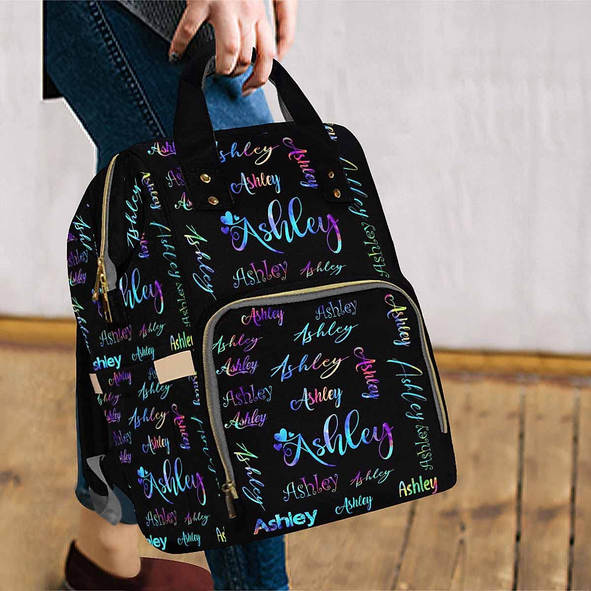 Custom Diaper Bag, Dazzle Color Name Text Logo Black Personalized Diaper Backpack with Text Mummy Nursing Baby Bags Shoulders Bag Casual Daypack Travel Bag for Mom Mother's Day