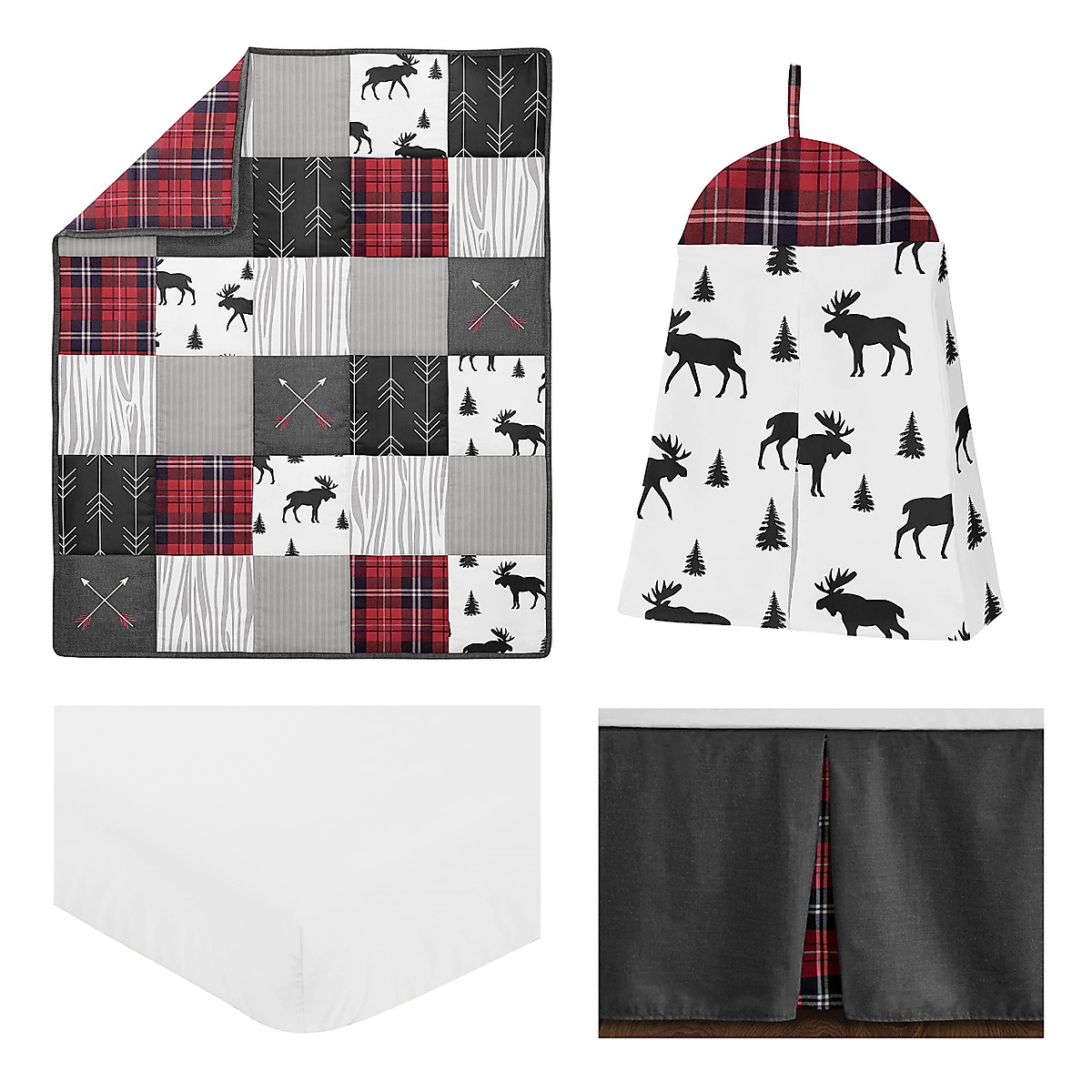 Sweet Jojo Designs Grey, Black and Red Woodland Plaid and Arrow Rustic Patch Baby Boy Crib Bedding Set 4 pieces - Flannel Moose Gray