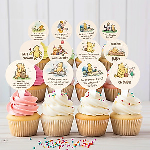 WEECUTES® Winnie Baby Shower Decorations Cupcake Toppers Classic Pooh Quotes 1 st Birthday Party Supplies For Kids Dessert Favor Cake Decor 48 Pcs