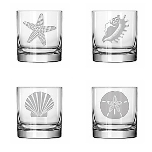 Set of 4 Glass 11 oz Rocks Whiskey Highball Sea Shells Sea Shore Collection