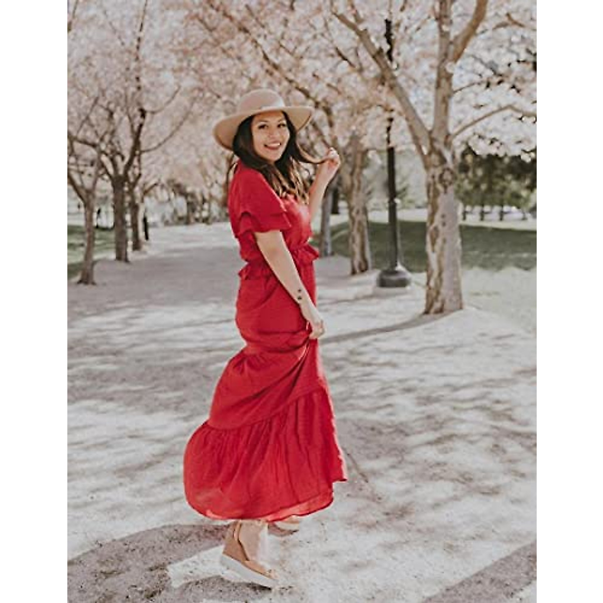 PRETTYGARDEN Womens Summer Boho Maxi Dress Short Sleeve V Neck Ruffle Trim High Waisted Tiered Party Flowy Long Dresses 2023 (Red, Large)