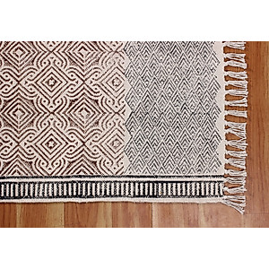 Casavani Hand Block Printed Hand Made Brown, Black Geometric Tassel Rug Cotton Easy Washable Rugs Floor Carpet for Doormat Entryway Living Room Bedroom Hallway Balcony 6x12 Feet Runner