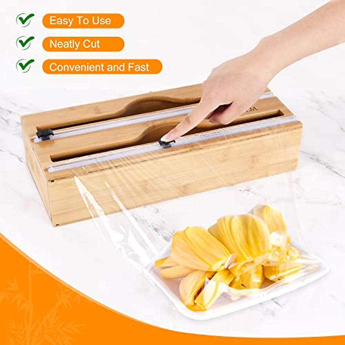 Wownic Wrap Dispenser 2 in 1 with Cutter and Labels Carved | WrapNeat Plastic Wrap Organizer | Foil and Wax Dispenser for Kitchen Drawer | Bamboo Roll Organizer Holder | Compatible with 12" Roll
