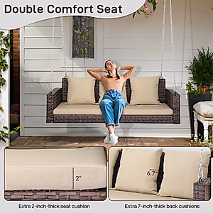 Outvita Porch Swing, 5FT Hanging Outdoor Porch Swings for Adults, Wicker 3 Person Patio Swing, with Cushion, Pillow and Chain for Garden, Backyard, Weight Capacity - 1000lbs