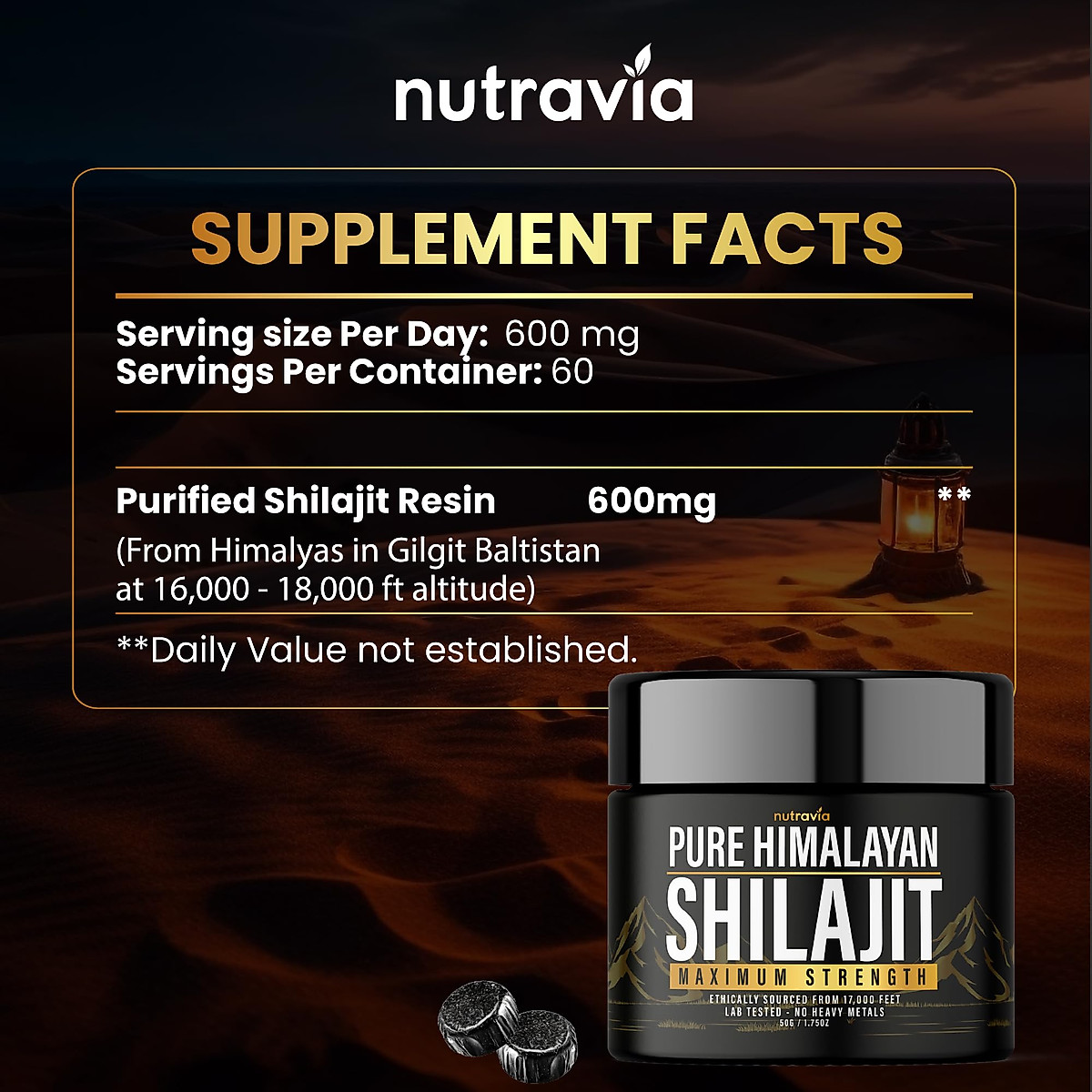 Shilajit Pure Himalayan Organic Resin - Natural Authentic Lab Tested Formula for Men, Women - No Heavy Metals - 600mg Max Strength with 85+ Trace Minerals Golden Grade Shilajit Supplement (1 Pack)