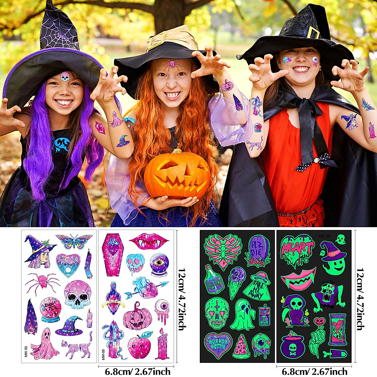 Sixberry Glitter Halloween Temporary Tattoos for Girls, 20 Sheets Glow in the Dark Tattoo Stickers for Kids Women Men Halloween Cosplay Costume Accessories Party Favor Decorations Supplies