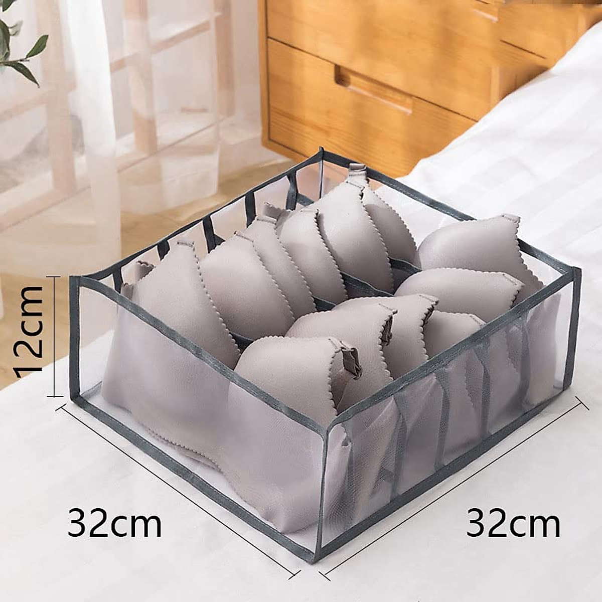 4 Pcs Sock Underwear Drawer Organizer Dividers, Underpants Closet, Nylon Foldable Dresser Storage organization, Storage Bins Basket Organizers for Bras Socks Underpants Panties and Ties Grey