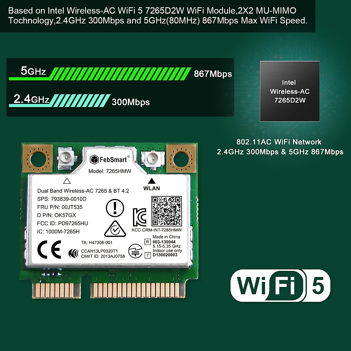 FebSmart Mini PCIE WiFi Adapter with WiFi Stereo Adapter, Wireless-AC 1200Mbps (2.4GHz 300Mbps or 5G 867Mbps), for Windows 7, 8.1, 10, 11(32/64bit) & Linux 4.2+, Wireless-AC 7265HMW