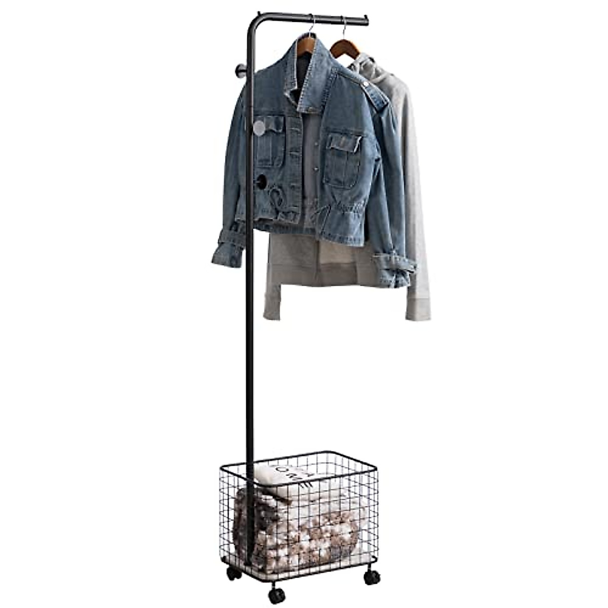 DOEWORKS L-Style Laundry Rolling Basket Cart with Clothes Hanging Bulter and Wheels, Laundry Hamper Sorter for Lavatory with Hanging Bar, Black