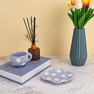 Koythin Ceramic Coffee Mug with Saucer Set, Cute Creative Cup Unique Irregular Saucer Design for Office and Home, 6 oz/180 ml for Latte Tea Milk, Mothers Day Gifts (Purple Flower)