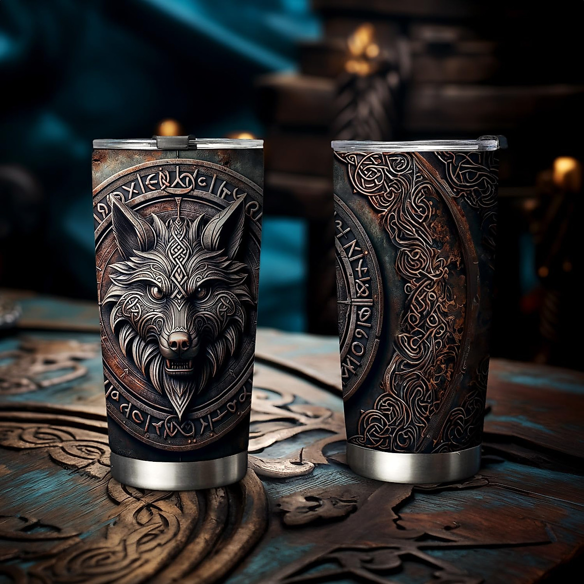 20oz Viking Celtic Warrior Wolf Tumbler, Norse Mythology, Viking Gifts for Men, Coffee Thermos for Men, Stainless Steel Double Wall Vacuum Insulated Coffee Mug, Travel Cup with Lid