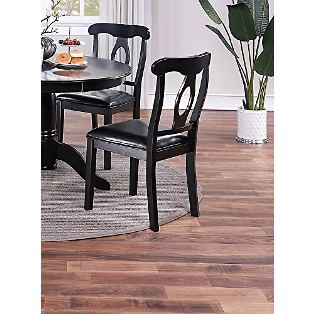 LCH Classic Design 5pc Set,Round Table with 4 Side Upholstered Chairs Cushion Fabric Upholstery Seat,Rubberwood Black Color Furniture for Dining Romm,Living Room,Easy to Assemble