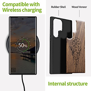 Carveit Wood Case for Galaxy S23 Ultra Case 2023 [Natural Wood & Black Soft TPU] Shockproof Protective Cover Unique & Classy Wooden Case Compatible with Samsung S23 Ultra (Viking Compass-Walnut)