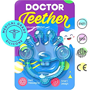 Funny Baby Teether for Boys and Girls. Odorless Medical Grade Non-Toxic Smiley Silicone Teether. BPA Free (Aqua Blue)