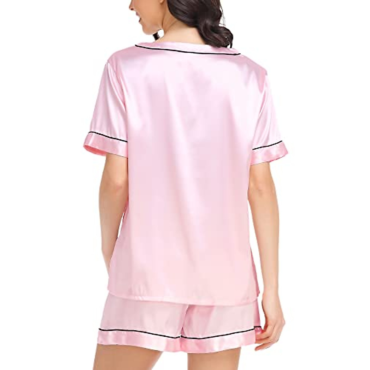 SWOMOG Womens Short Sleeve Satin Pajama Set Silk Pjs Lounge Set V Neck Two Piece Loungewear Sets Cute Cozy Sleepwear Rose Pink