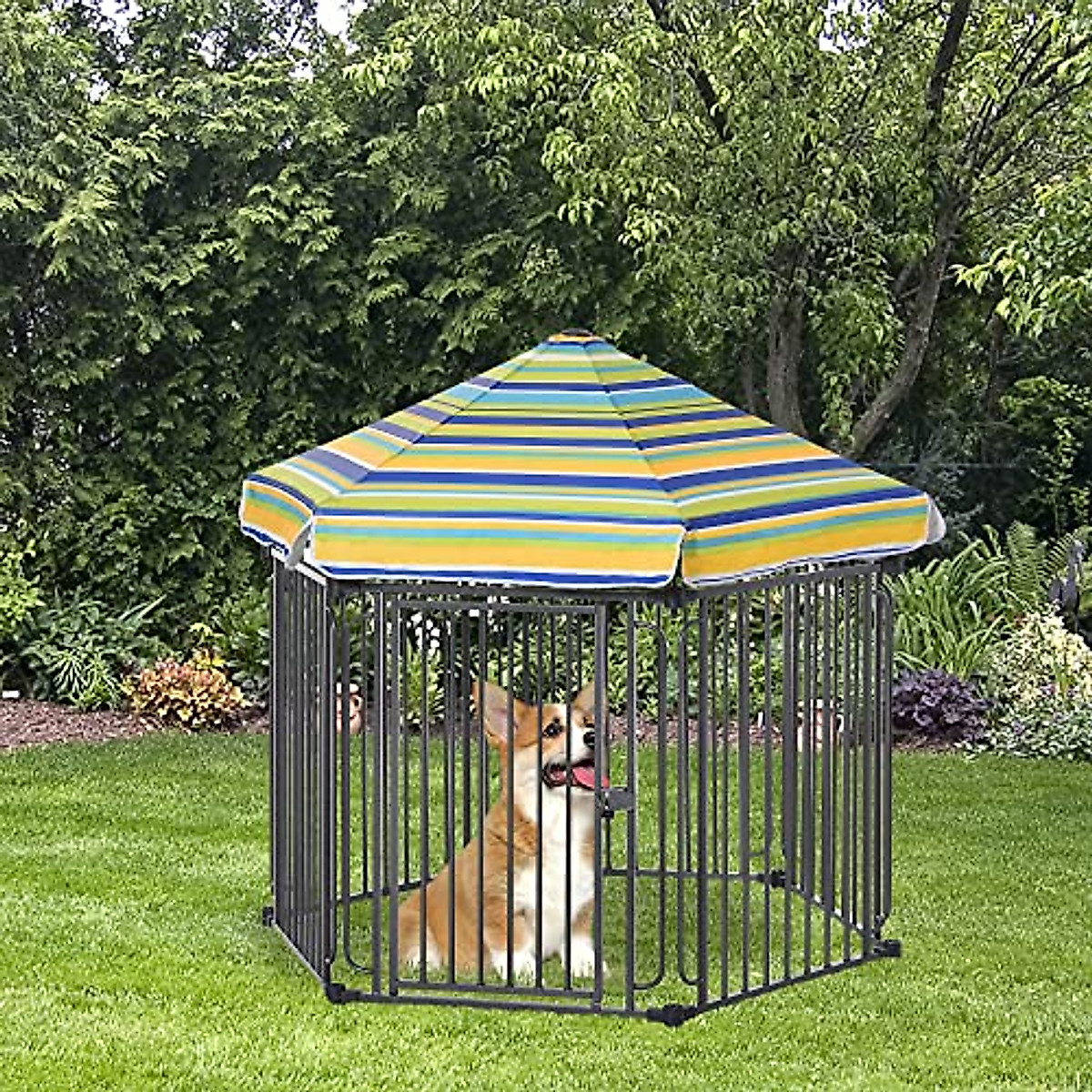 PawHut 48" x 41" Heavy-Duty Metal Dog Playpen, Outdoor Pet Cage Kennel, Puppy Exercise Fence Barrier with Weather-Resistant Polyester Roof, Locking Door, & Metal Frame