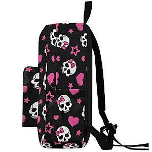 MNSRUU Student Backpack for School Pink Hearts and Skulls Laptop Backpack Aesthetic School Bookbags Casual Daypack Backpack Fits 15.6 Inch Laptop