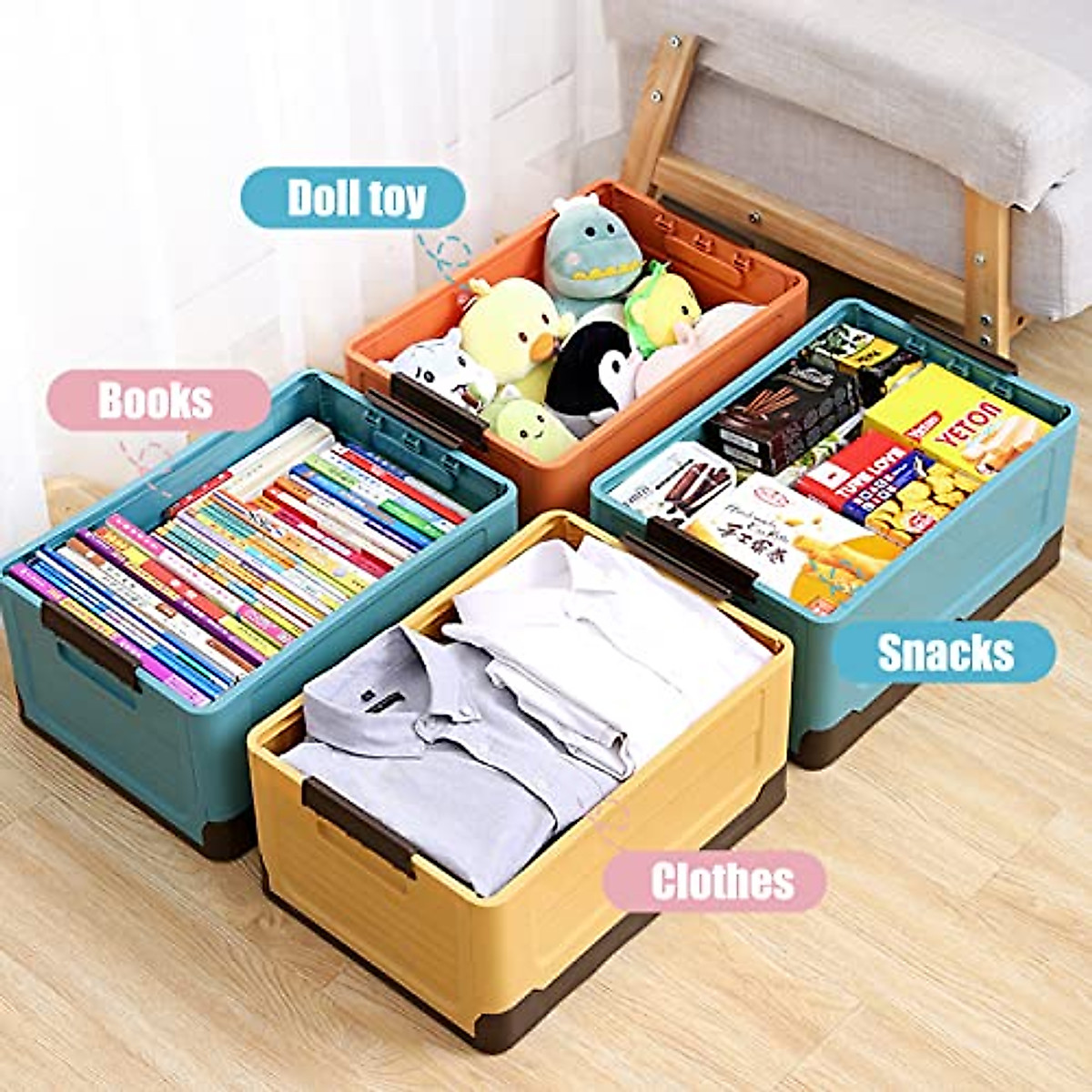 ORIJOYNA Collapsible Storage Bins with Lids 6Gal Folding Plastic Stackable Utility Storage Container Heavy Duty withstand 60 Lbs Multifunctional Storage Box for Grocery,Books,Clothes,Shoes(23L,Yellow)