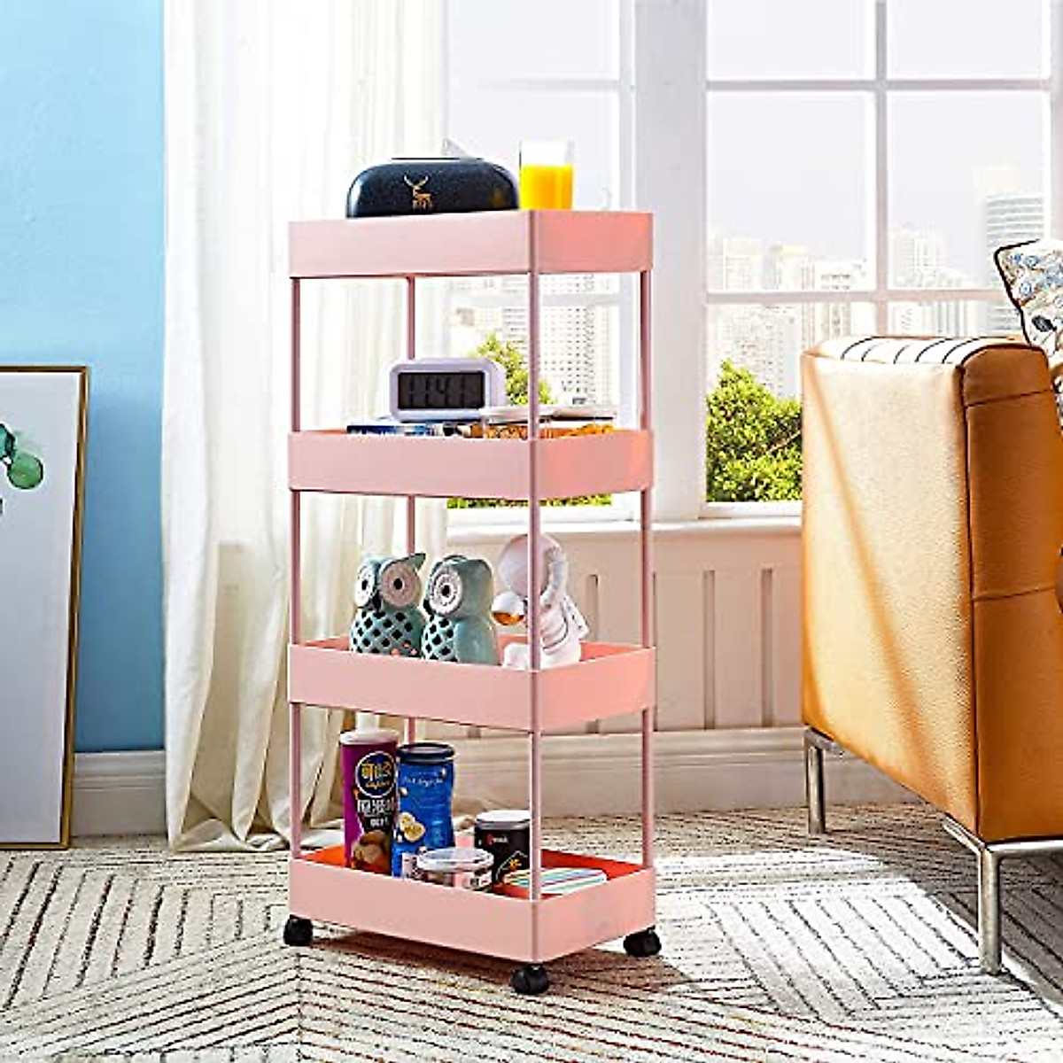 4-Tier Rolling Cart Narrow Utility Cart Slide Out Storage Rack for Narrow Corner Gap Kitchen Bathroom Bedroom Laundry(Pink)