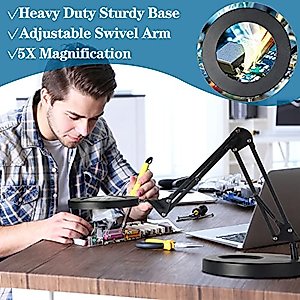 【Upgraded】 5X LED Magnifying Lamp, HITTI 1,800 Lumens Stepless Dimmable, 3 Color Modes, 8-Diopter 4.2″ Real Glass Lens Magnifier Desk lamp, Magnifying Light and Stand for Crafts, Reading, Close Work