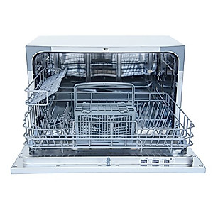 SPT SD-2225DW Compact Countertop Dishwasher/Delay Start-Energy Star Portable Dishwasher with Stainless Steel Interior and 6 Place Settings Rack Silverware Basket/Apartment Office Home Kitchen, White