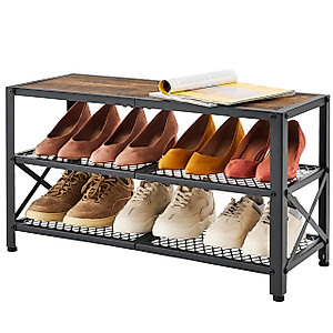 Hoctieon Shoe Rack, 3-Tier Shoe Organizer, 28in Small Wooden Shoe Bench for Front Door, Shoe Storage with Mesh Shelves for Entryway Living Room Hallway Closet, Rustic Brown (3-Tier)