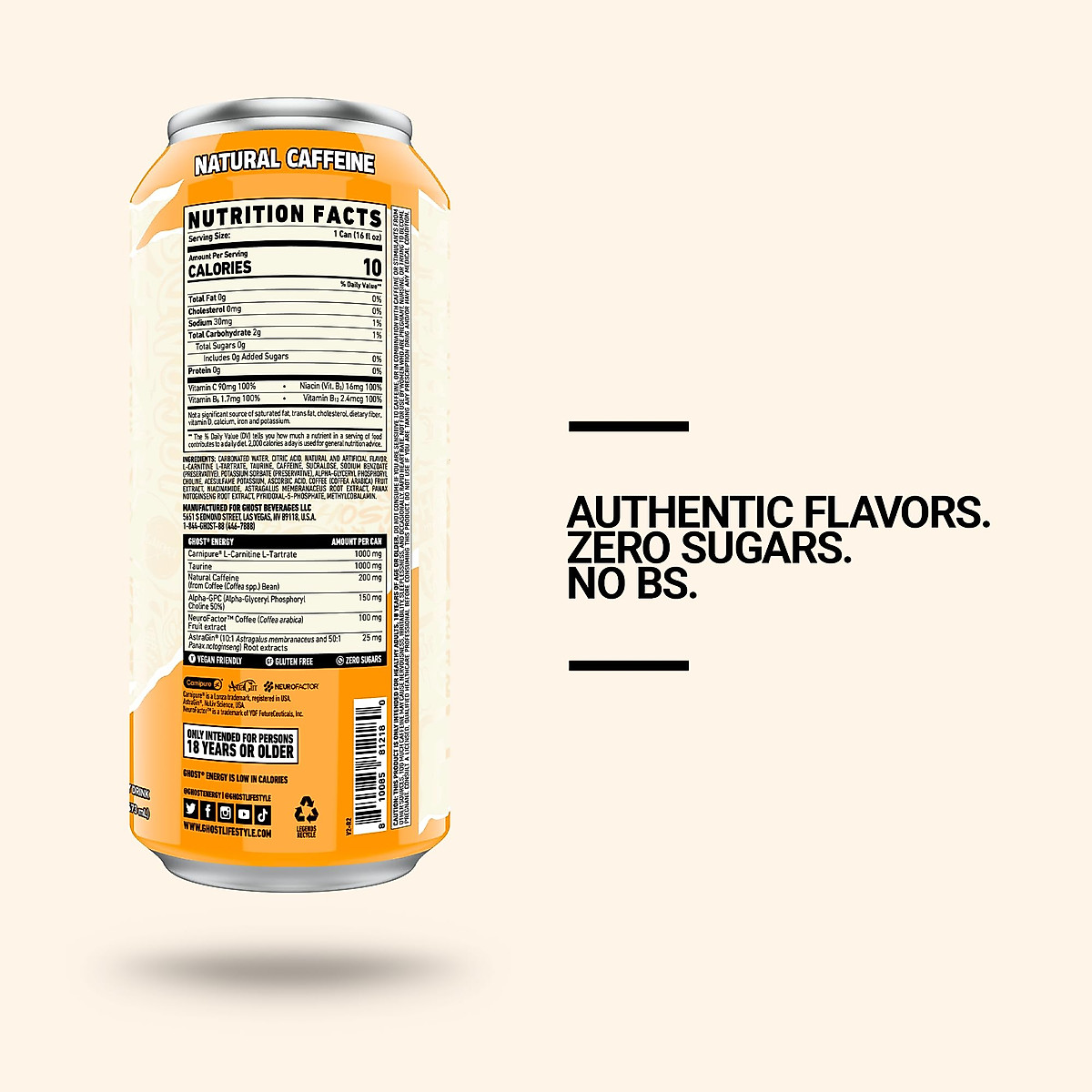 GHOST Energy Drink - 12-Pack, Orange Cream, 16oz Cans - Energy & Focus & No Artificial Colors - 200mg of Natural Caffeine, L-Carnitine & Taurine - Gluten-Free & Vegan