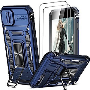 LeYi for iPhone SE Case: iPhone 8/7 Case with Slide Camera Cover + [2 Packs] Tempered Glass Screen Protector, Full Body Military-Grade Case with Upgrade Kickstand for iPhone 8, Navy Blue