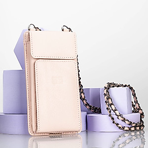 BOULETTA Crossbody Bag Cellphone Purse for Women-Leather Zipper Shoulder Wallet with Phone Pocket and Chain Strap 4 Card Slots Small