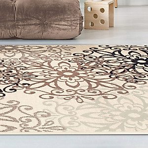 SUPERIOR Indoor Small Area Rug for Bedroom, Living/Dining Room, Entryway, Office, Farmhouse Aesthetic Floor Throw, Modern Floral Geometric Decor, Jute Backing, Leigh Collection, 3' x 5', Beige