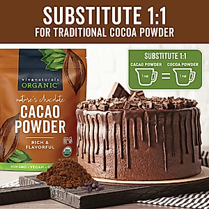 Viva Naturals Organic Cacao Powder, 1lb - Unsweetened Cacao Powder With Rich Dark Chocolate Flavor, Perfect for Baking & Smoothies, Non-GMO, Certified Vegan & Gluten-Free, 454 g