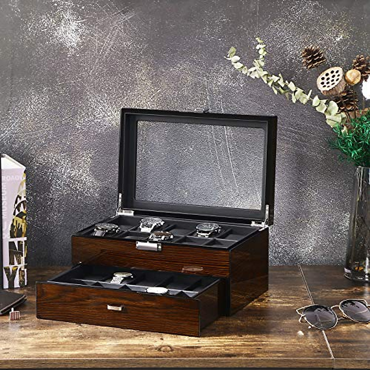 BEWISHOME Watch Box 20 Slots Watch Case for Men - Luxury Watch Organizer with Glass Top,Smooth Faux Leather Interior, Brown SSH04Y