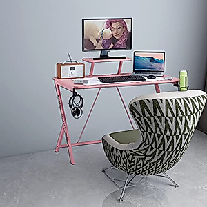 DEILALY Gaming Desk 45 Inch Computer Table Gamer Desk with Monitor Shelf Escritorios Mesa Office Home Study Desk Work Station PC Table Carbon Steel Leg with Headphone Holder Apartment Corner Desk Pink