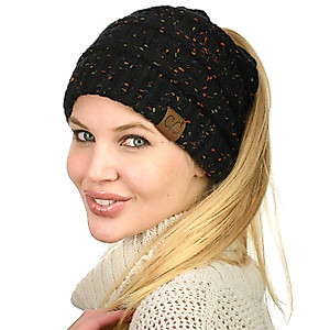 C.C BeanieTail Soft Stretch Cable Knit Messy High Bun Ponytail Beanie Hat, Confetti Black