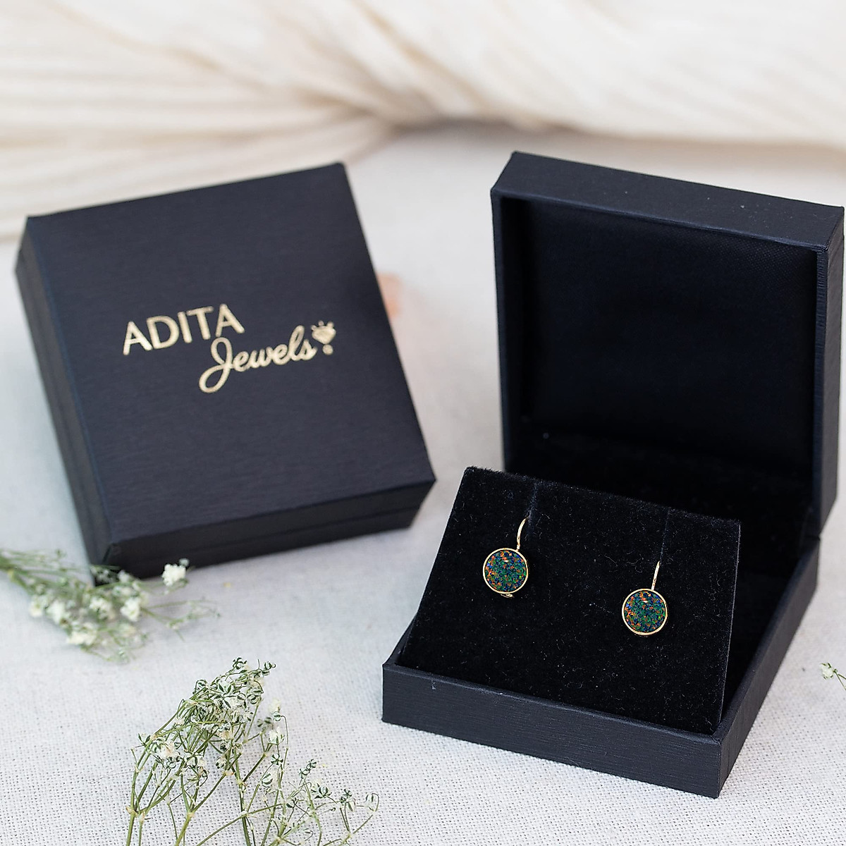 14K Gold Black Opal Drop Earrings - October Birthstone Dangle - Solid Yellow Gold Dangle Earrings - Dainty Handmade Wedding Jewelry - Perfect Bridal or Graduation Gift
