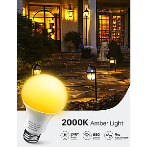 KINDEEP Amber Light Bulbs, 9W Amber Yellow LED Light Bulb, 2000K Soft Warm Light Bulbs, Bug Light Bulbs, 60W Equivalent, E26, for Bedroom, Nursery Room, Porch, Outdoor, Non-Dimmable, 4 Pack