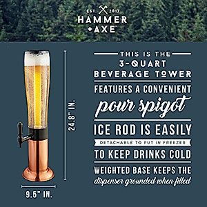Hammer + Axe Beer Tower Drink Dispenser with Pro-Pour Tap and Freeze Tube to Keep Beverages Ice Cold, Perfect for Parties and Gameday, Home Bar Accessories, 2.75 Qt./2.6 L, Copper Finish, Holiday Gift
