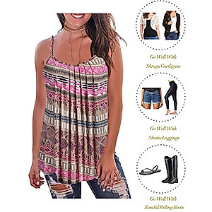 Kaei&Shi Spaghetti Strap Print Long Vest,Flowy Tank Top for Women,Pleated Dressy Loose Cami,Swing Camisole Zigzag Pink Medium