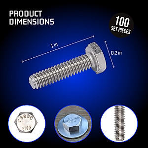 Bolt Dropper 1/4"-20 x 1 Stainless Steel Hex Head Bolts (100 pc) - 18-8 (304) Stainless Steel, Corrosion-Resistant - Heavy-Duty for Marine, Outdoor and Indoor Use - Coarse Thread Fasteners