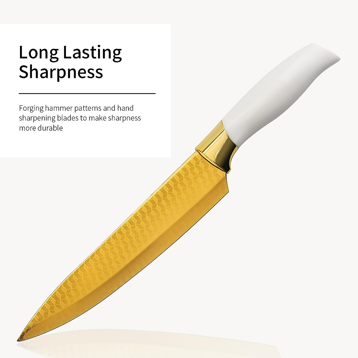 Knife Set, Non Stick Thick and Sharp Stainless Steel Kitchen Knives Set with Wood Block, 14 Pcs Cutlery Knives Block Set with Steak Knife, Bread Knife, Scissors, Chef Quality, White Handle Gold Blade