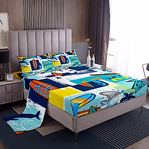 Castle Fairy Surfing Sports Bed Sheet Set for Boys Girls,Colorful Surf Themed Graffiti Painting Bed Sheet Set Full Size Bedding Set,Surfboard Fish Stars Plaid Fitted Sheet and 1 Flat, 2 Pillow Sham