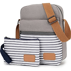 Leaper Girls Crossbody Purses 2 PCS Stripe Messenger Bag Canvas Crossbody Bag and Purse Set for Women Stripe Gray